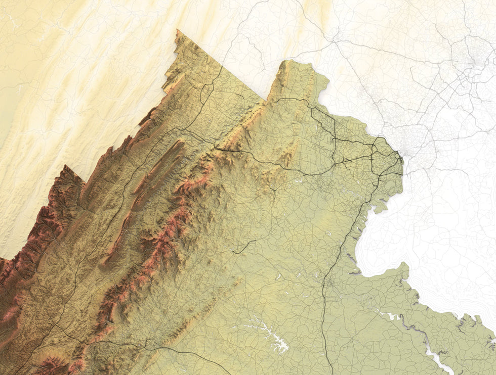 Relief Map of Virginia - Topographic Elevation Map with Shaded Relief ...