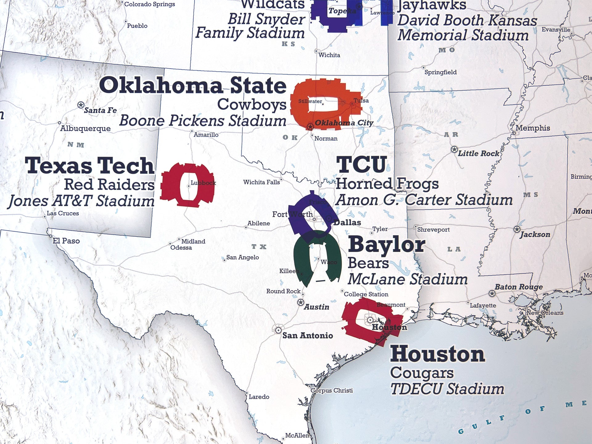 Big 12 Map College Football Teams and Stadiums (2024) | GeoJango ...