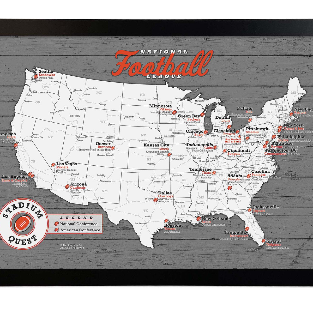 NFL Teams Wall Map - Gray Edition – GeoJango Maps
