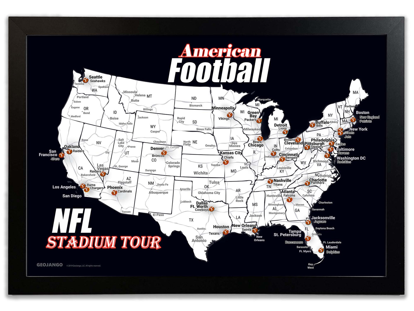 NFL Teams Map, Black Football Stadium Map – GeoJango Maps