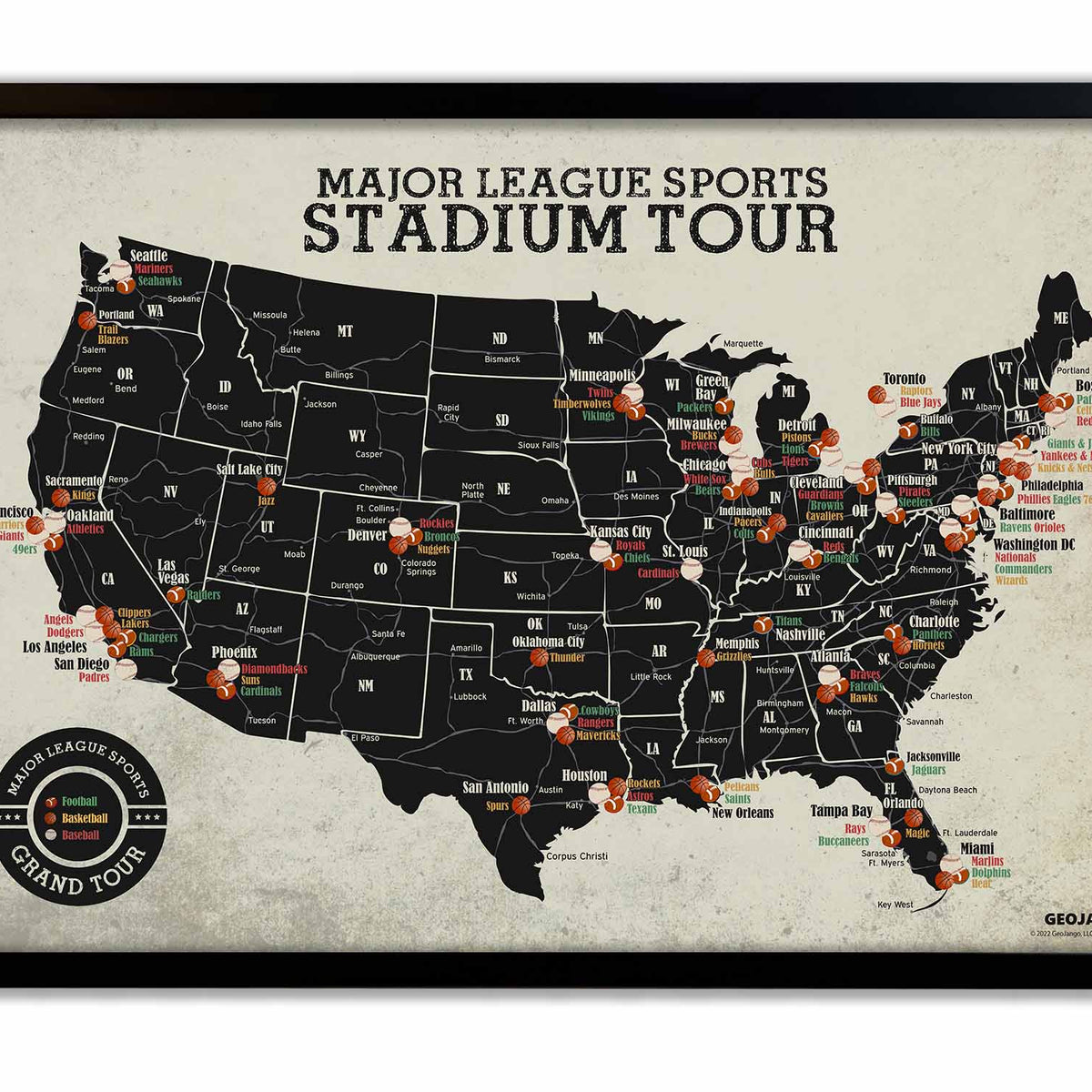 Grand Tour MLB, NFL, NBA Stadium Map – GeoJango Maps