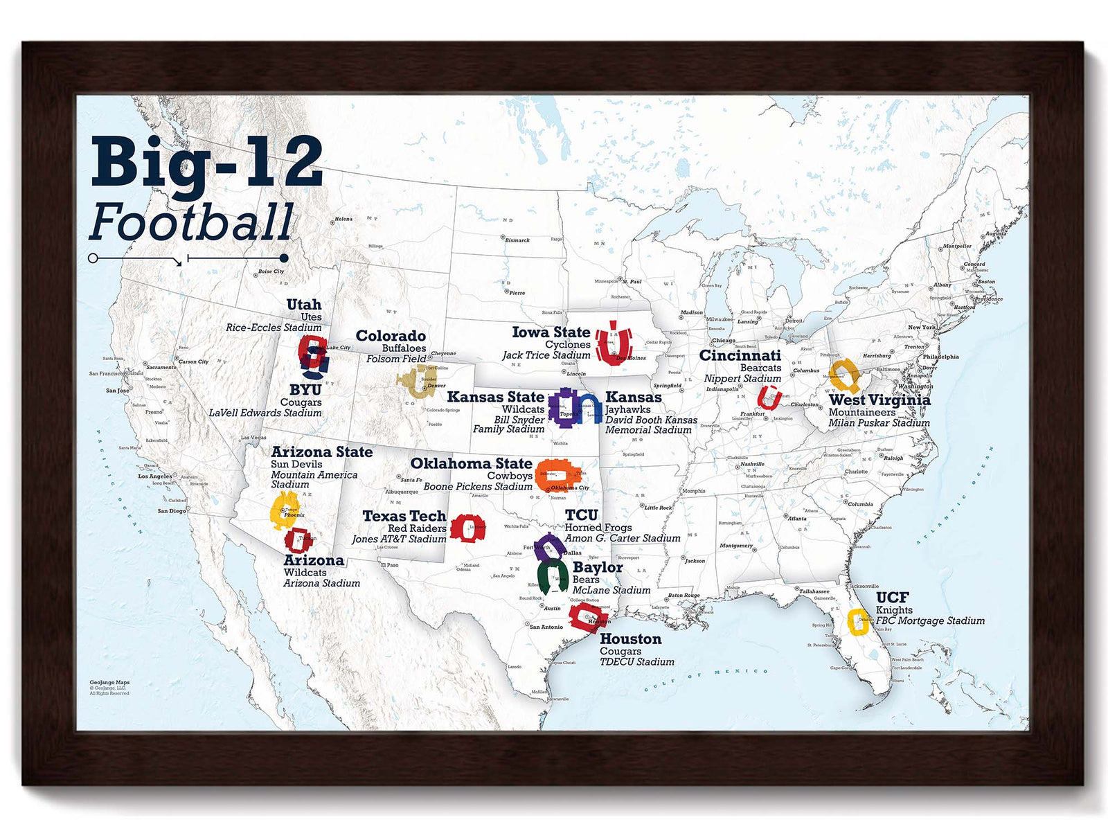 Big 12 Map College Football Teams and Stadiums (2024) | GeoJango ...