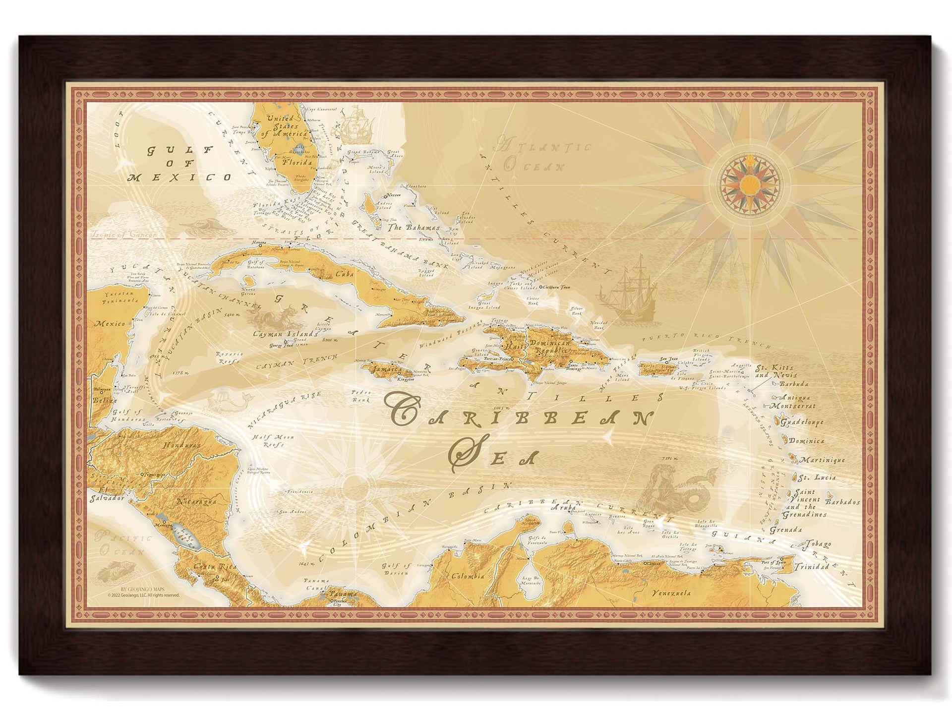 Vintage Caribbean Map - Push Pin Travel Map - Nautical Wall Art ...