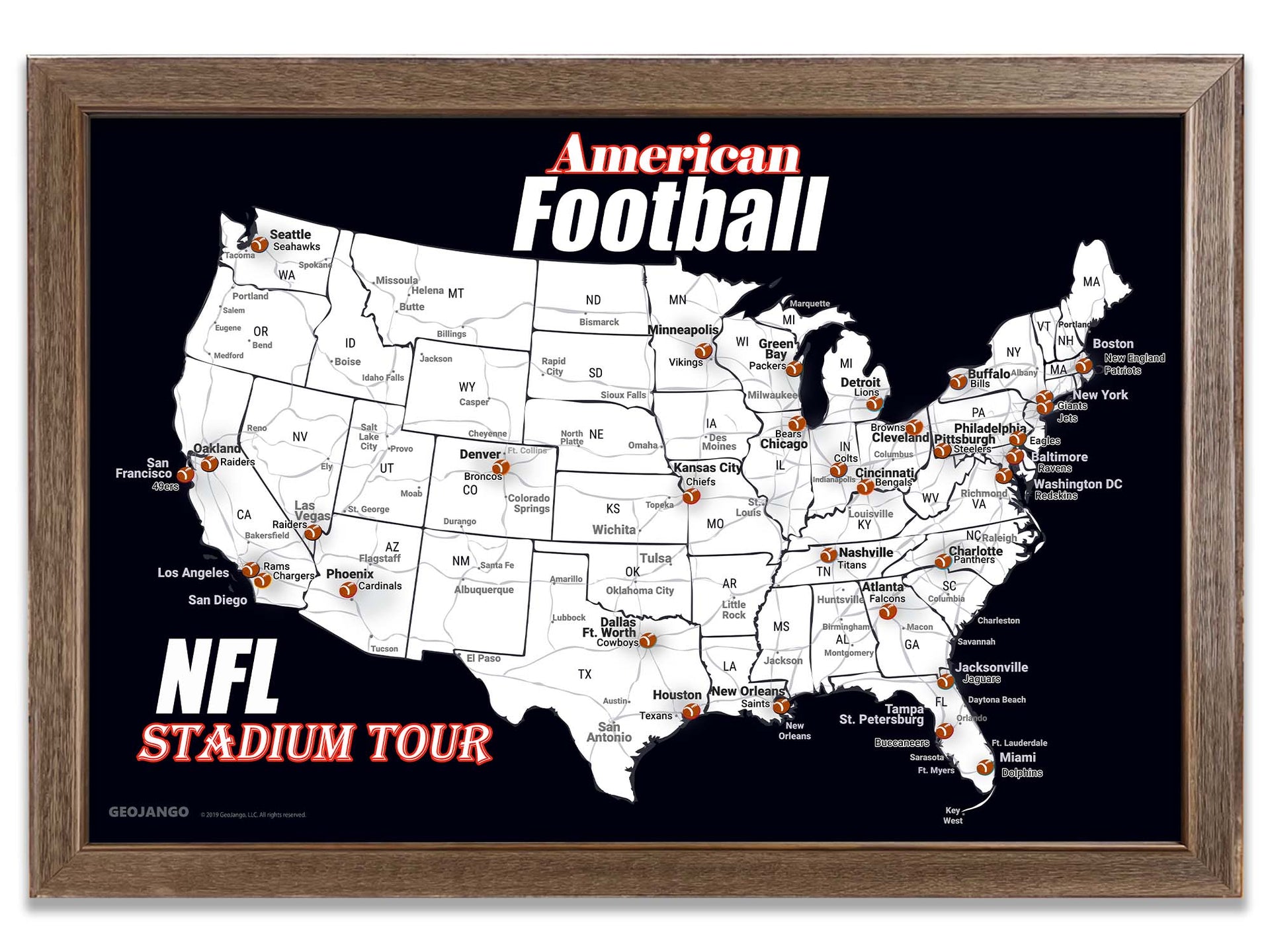 NFL Teams Map, Black Football Stadium Map – GeoJango Maps