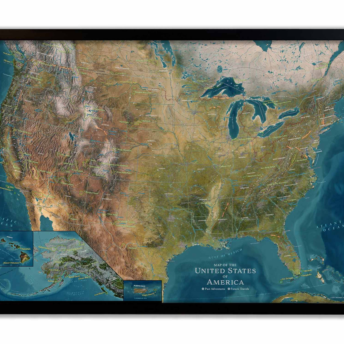 US Elevation Map Art - Natural National Parks & Peaks Pin Map ...