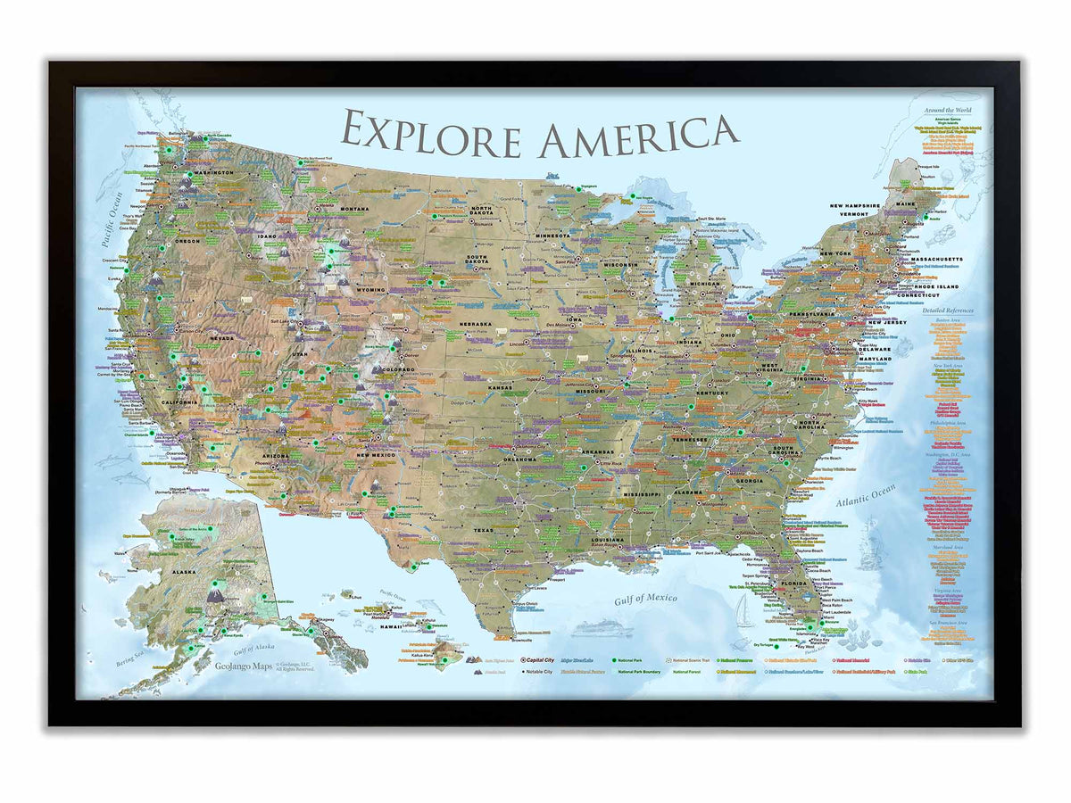 US Push Pin Map - US Travel Map Lite Terrain – GeoJango Maps