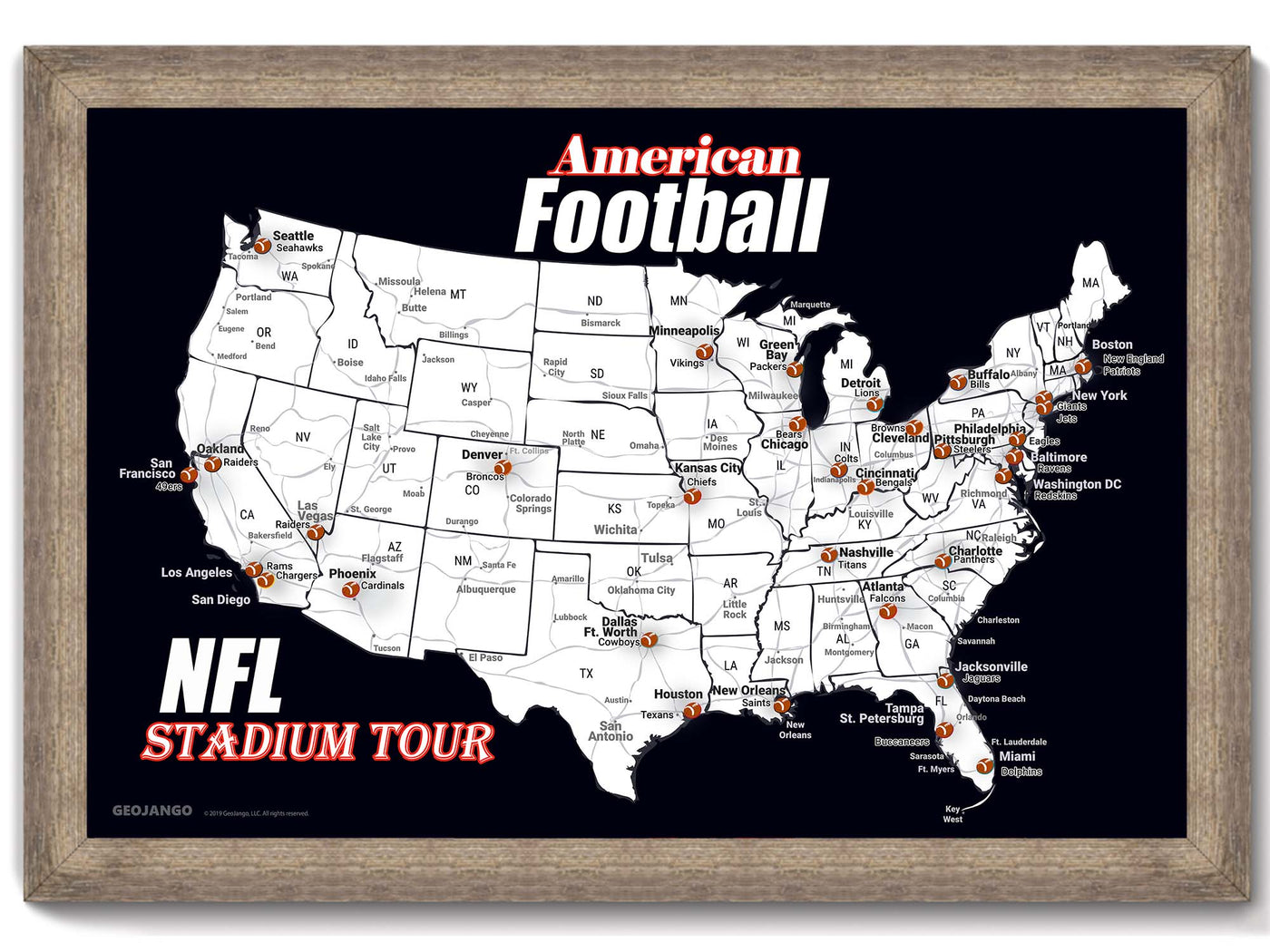 NFL Teams Map, Black Football Stadium Map – GeoJango Maps