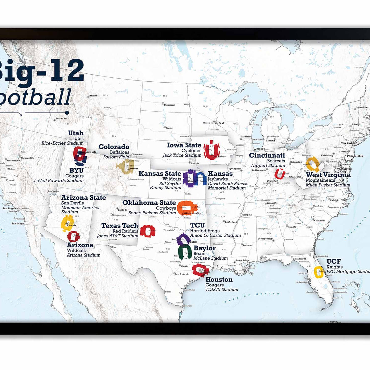 Big 12 Map College Football Teams and Stadiums (2024) | GeoJango ...