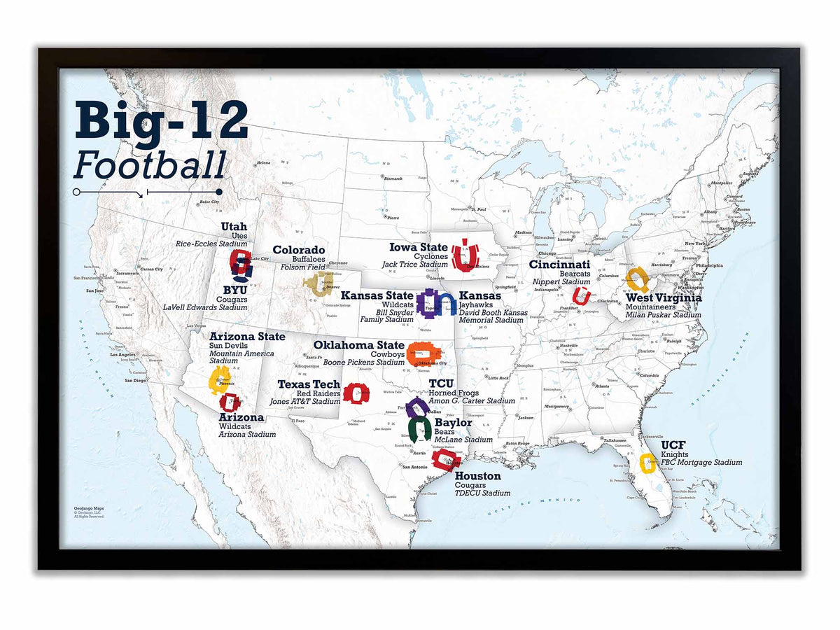 Big 12 Map College Football Teams and Stadiums (2024) | GeoJango ...
