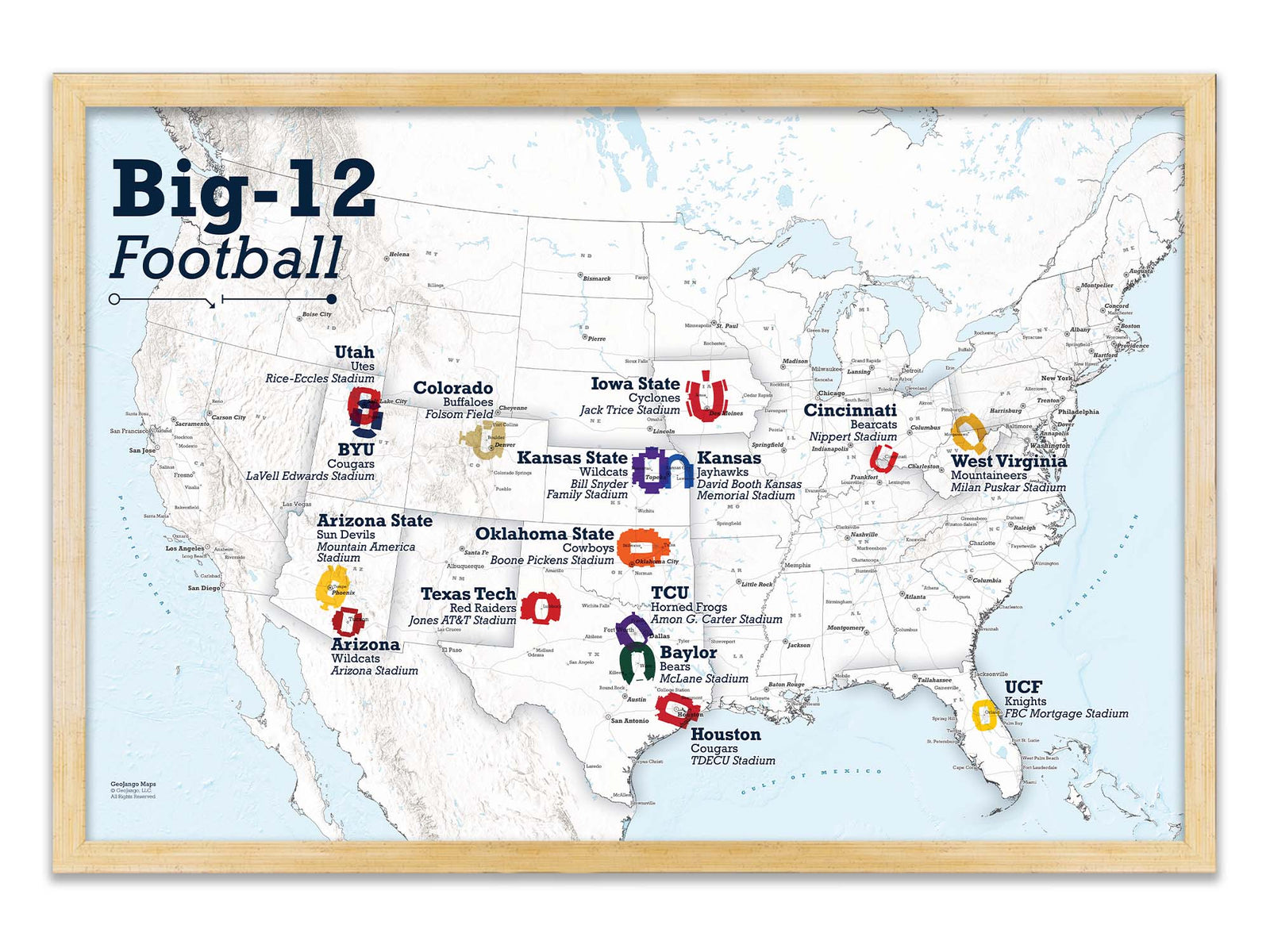 Big 12 Map College Football Teams and Stadiums (2024) | GeoJango ...