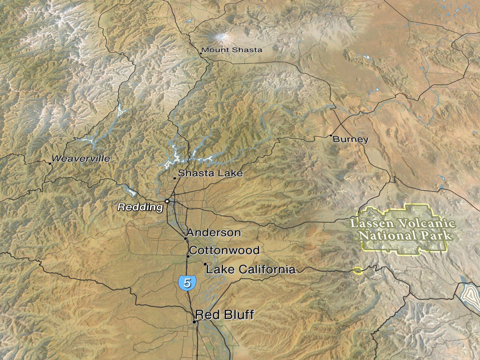 Physical Map of California: Topographic Natural Terrain, Cities, Major ...