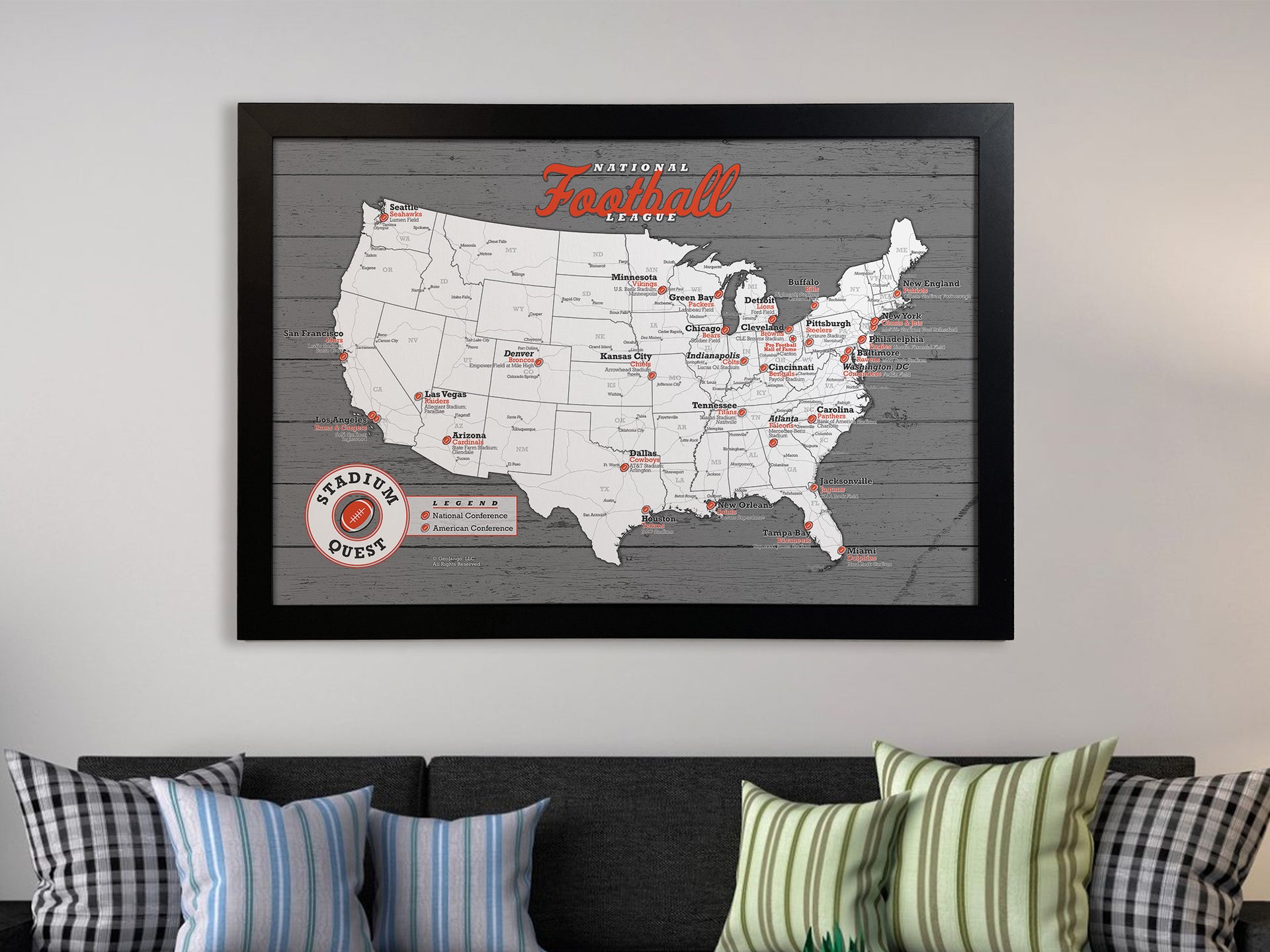 NFL Teams Wall Map - Gray Edition – GeoJango Maps