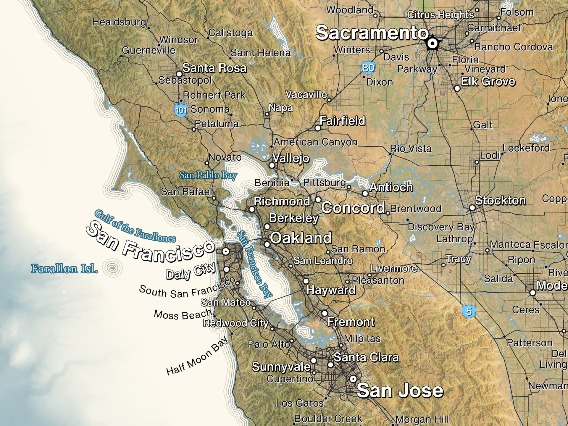 Physical Map of California: Topographic Natural Terrain, Cities, Major ...