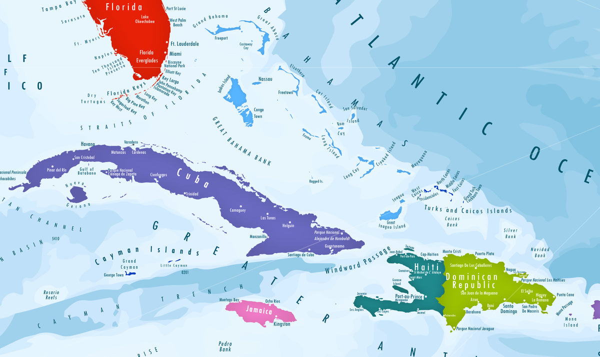 Bright Colorful Caribbean Map - Educational & Decorative Wall Art ...