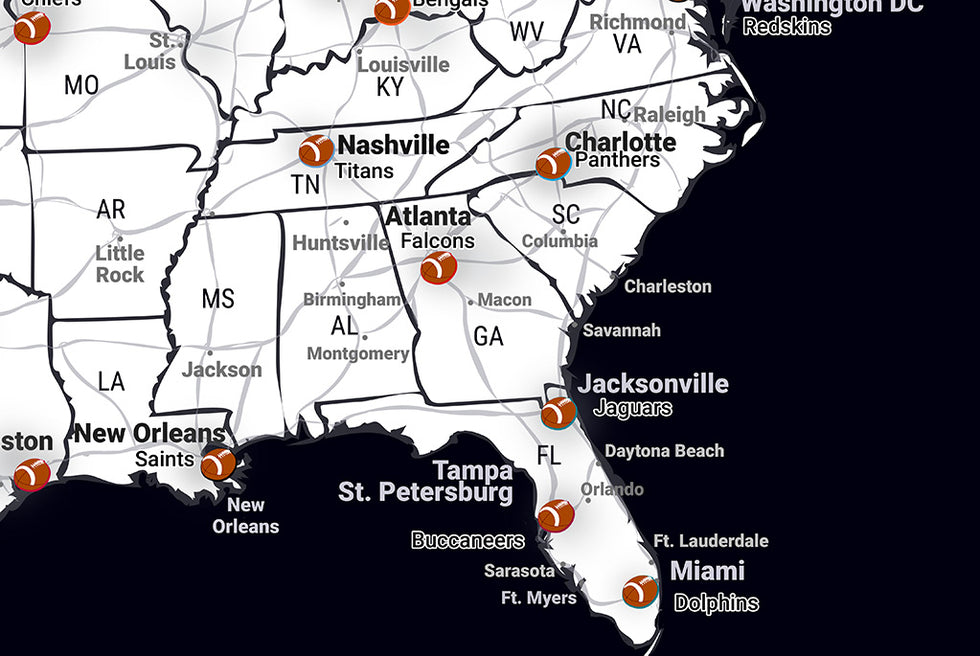NFL Teams Map, Black Football Stadium Map – GeoJango Maps