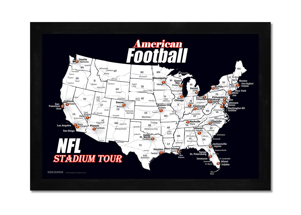 NFL Teams Map, Black Football Stadium Map – GeoJango Maps