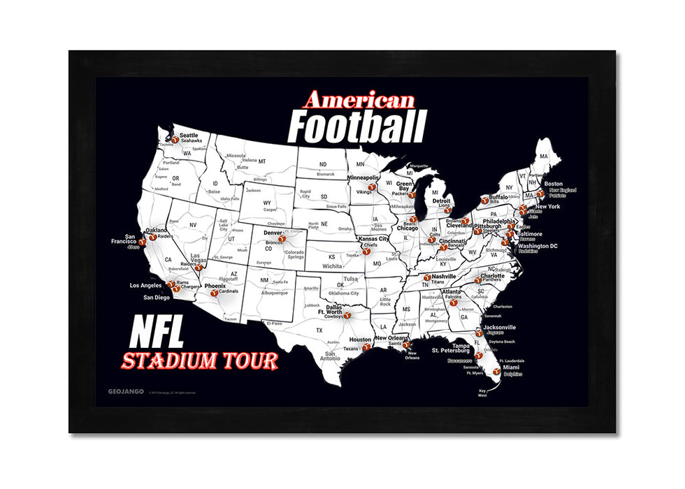 NFL Teams Map, Black Football Stadium Map – GeoJango Maps